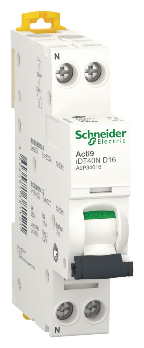 SCHNEIDER ELECTRIC - Acti9 iDT40N - disjoncteur modulaire - 1P+N D 16A 6000A/10kA 6000A Icn ...